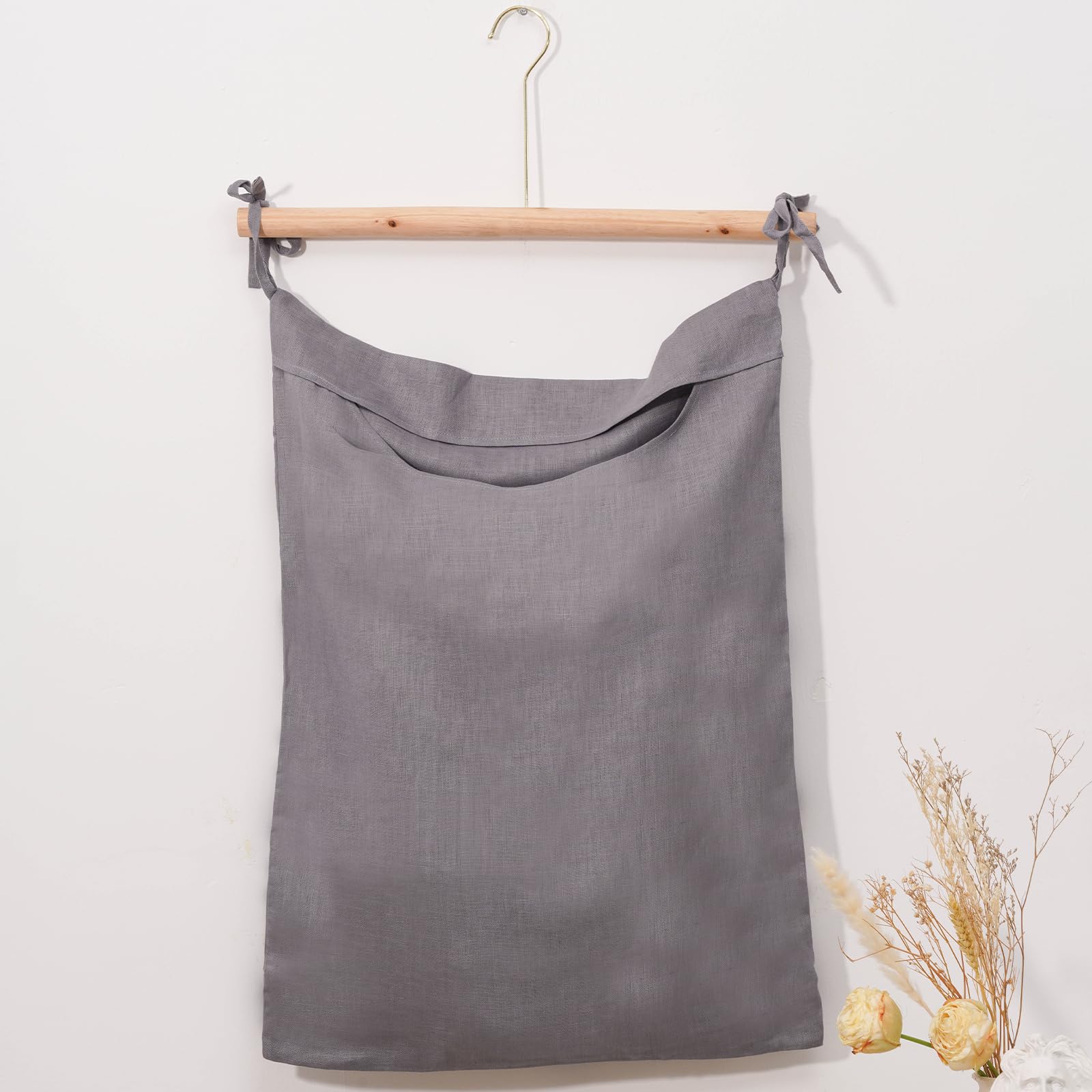 HSOFTIFY 100% Pure Linen Hanging Laundry Bag with String Design and Zipper, Over The Door Laundry Hamper Space Saving Hampers for Dirty Clothes Home Travel, Grey