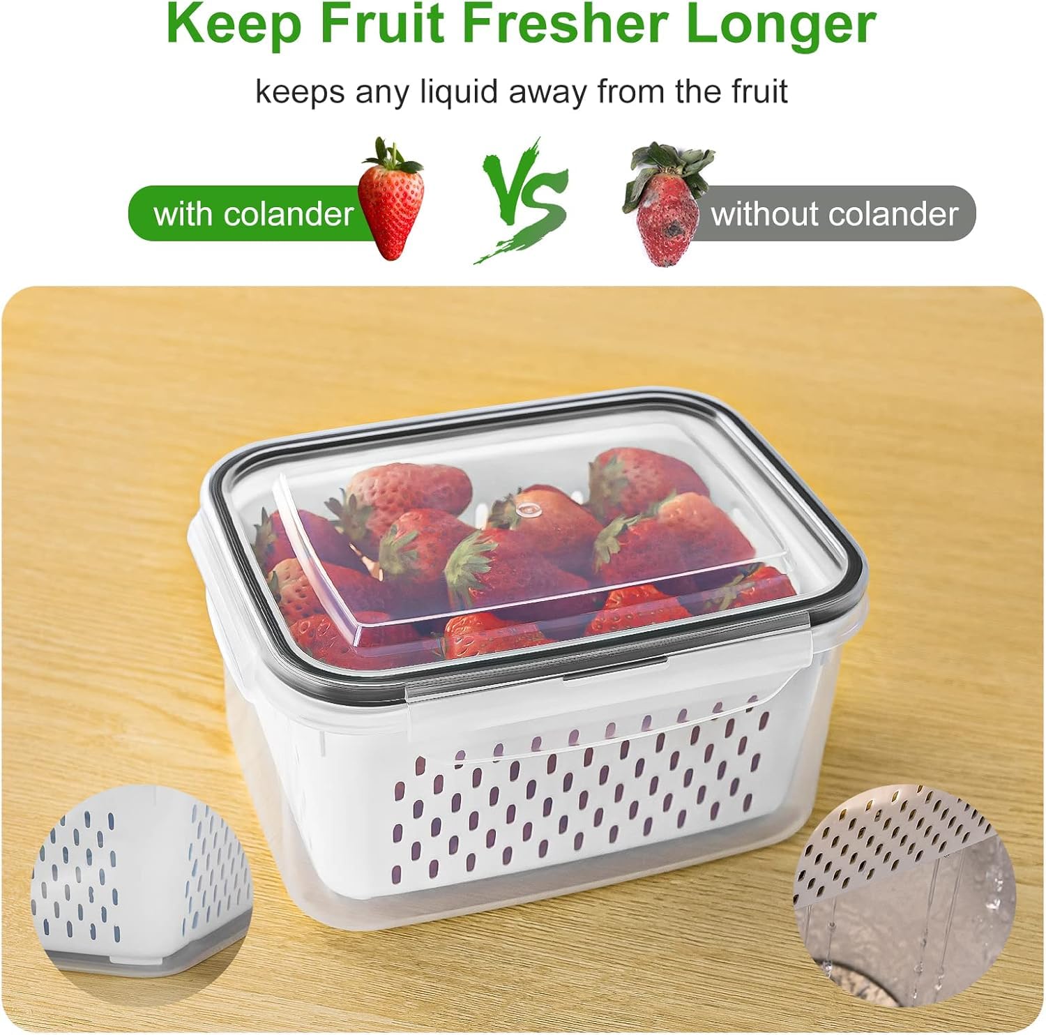 4 PCS Large Fruit storage Containers for Fridge with Removable Colanders, Leakproof Food Storage Containers with lids, Dishwasher & microwave safe Produce Containers to Keep Fruits Berry Fresh longer