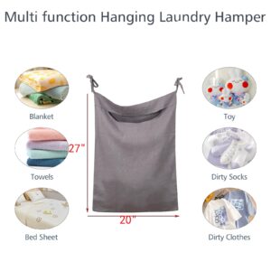 HSOFTIFY 100% Pure Linen Hanging Laundry Bag with String Design and Zipper, Over The Door Laundry Hamper Space Saving Hampers for Dirty Clothes Home Travel, Grey