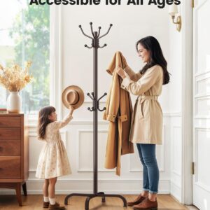 Pipishell Coat Rack with 14 Hooks, Freestanding Coat Rack Stand for Entryway, Hallway, Bedroom, and Office, Metal Coat Tree & Hat Rack for Coats, Hats, and Bags, Brown