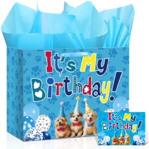 dog birthday gift bag for dog birthday party supplies, large dog birthday wrapping bag with tissue paper and greeting card dog paw print gift bags for puppy theme party dog paw birthday decorations