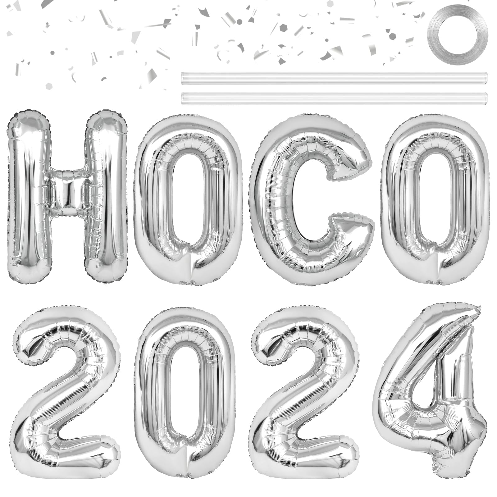 Realspring 8 Pcs Hoco Prom 2024 Balloons 32 Inch Silver 2024 Balloons Graduation Prom 2024 Banner Congrats Prom Decorations with 1 Balloon Ribbon 2 Pcs Balloon Blow Straw for Homecoming Party Supplies