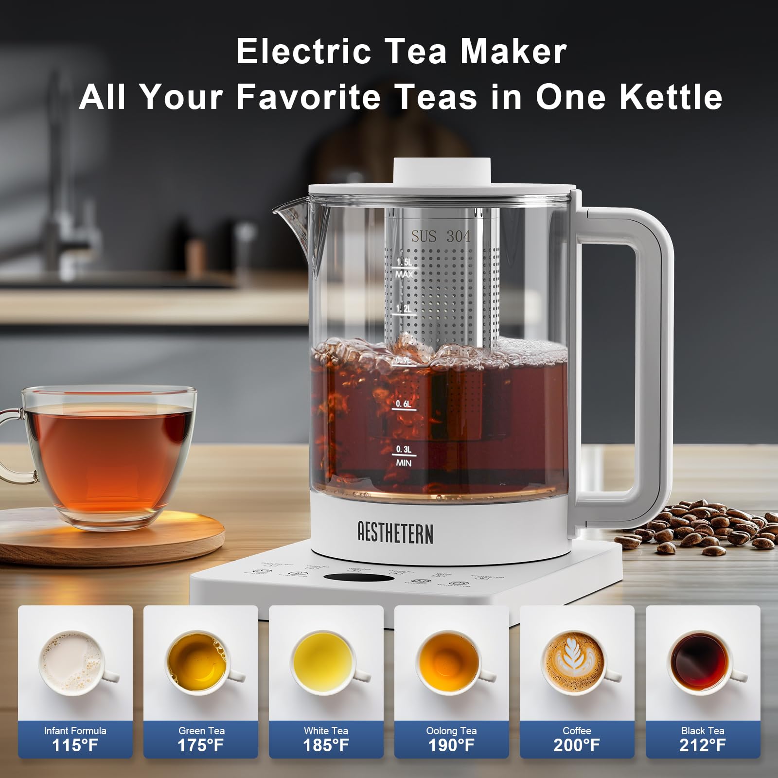 Electric Tea Kettle, 1.5 L Glass Electric Kettle with Tea Infuser, Temperature Control, Electric Tea Pot, Tea Maker, Automatic Shut Off, 24 H Keep Warm, for Tea, Coffee and Boiling Water, White