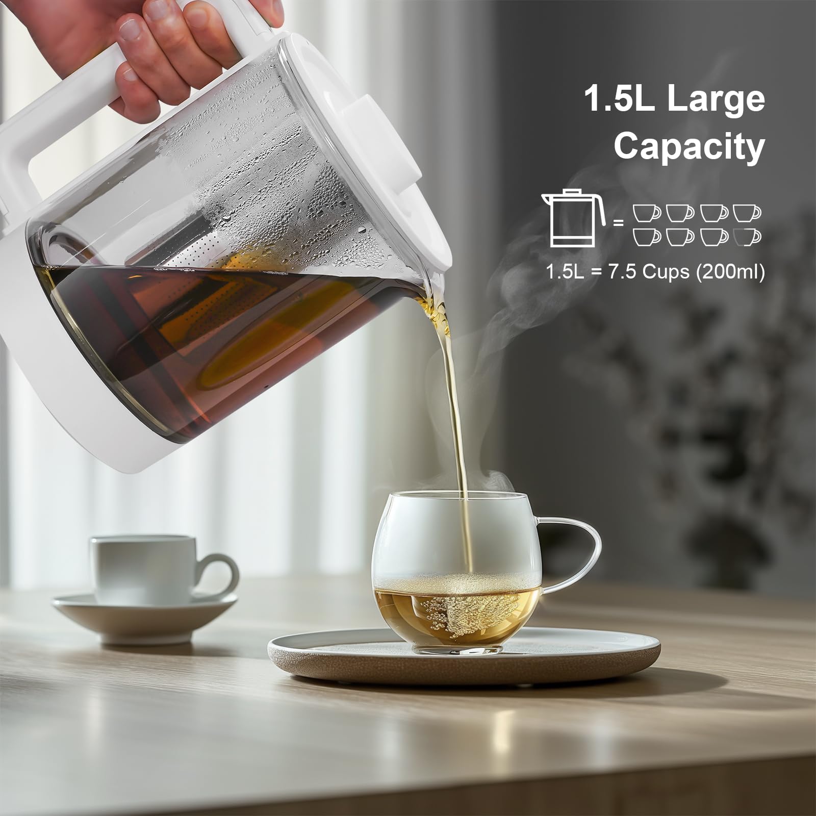 Electric Tea Kettle, 1.5 L Glass Electric Kettle with Tea Infuser, Temperature Control, Electric Tea Pot, Tea Maker, Automatic Shut Off, 24 H Keep Warm, for Tea, Coffee and Boiling Water, White