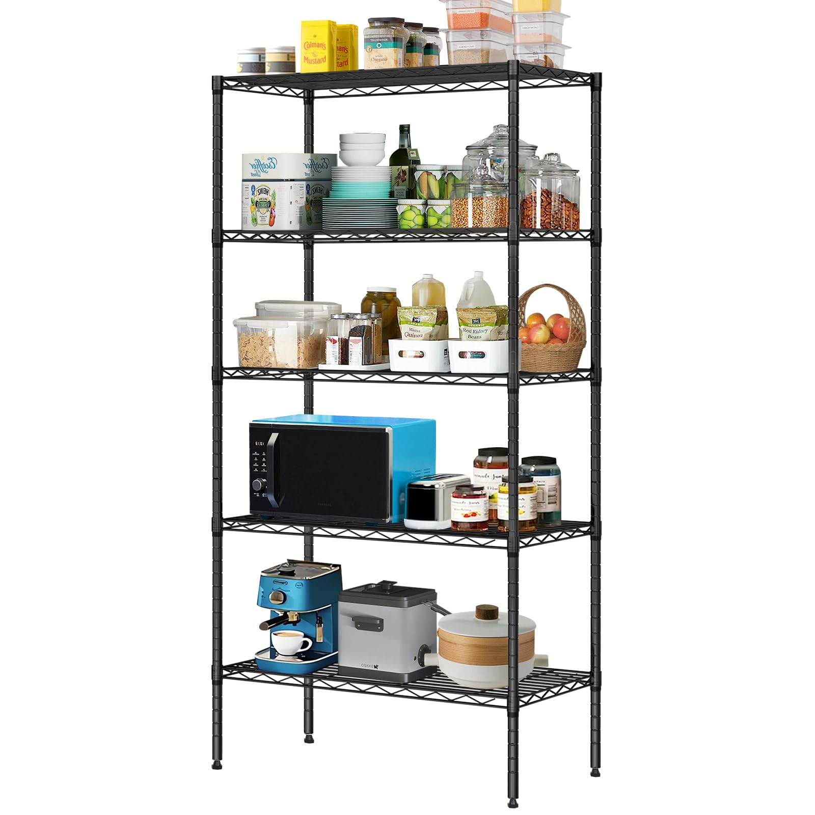 5 Tier Heavy Duty Wire Shelving Storage Rack Unit, Adjustable Commercial Storage Racks with Wheels Wire Shelving Standing Garage Shelving Storage Rack, NSF Certified, 30" D×14" W×60" H (Black)