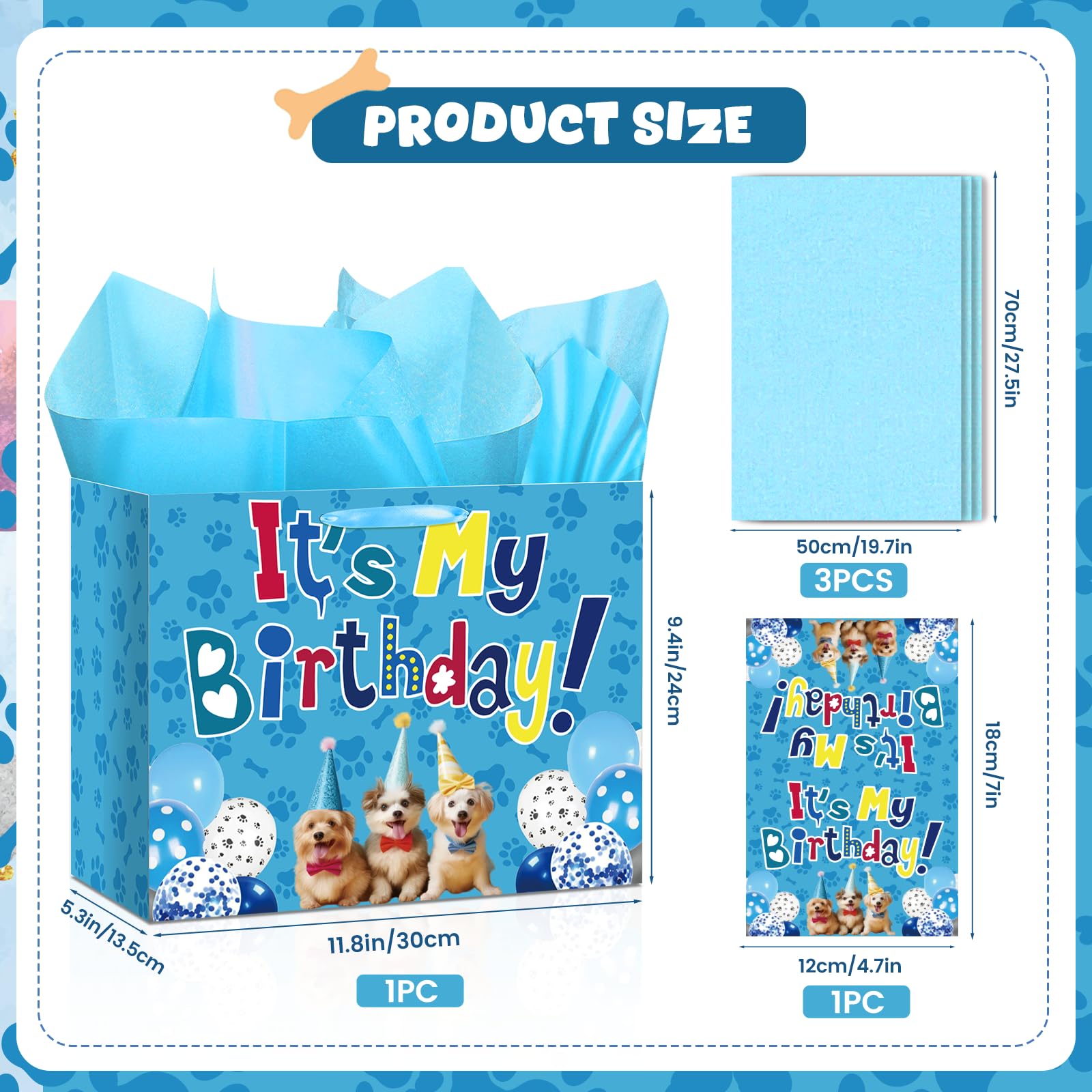 Dog Birthday Gift Bag for Dog Birthday Party Supplies, Large Dog Birthday Wrapping Bag with Tissue Paper and Greeting Card Dog Paw Print Gift Bags for Puppy Theme Party Dog Paw Birthday Decorations