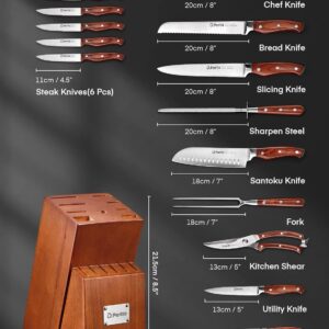 Knife Set with Block, 16 Pcs Stainless Steel Kitchen Knife Set with Sharpener & Wooden Block, Knife Block Set with Wood Handle, Chef, Santoku, Bread, Utility, Paring & Carving Fork Knife, Brown