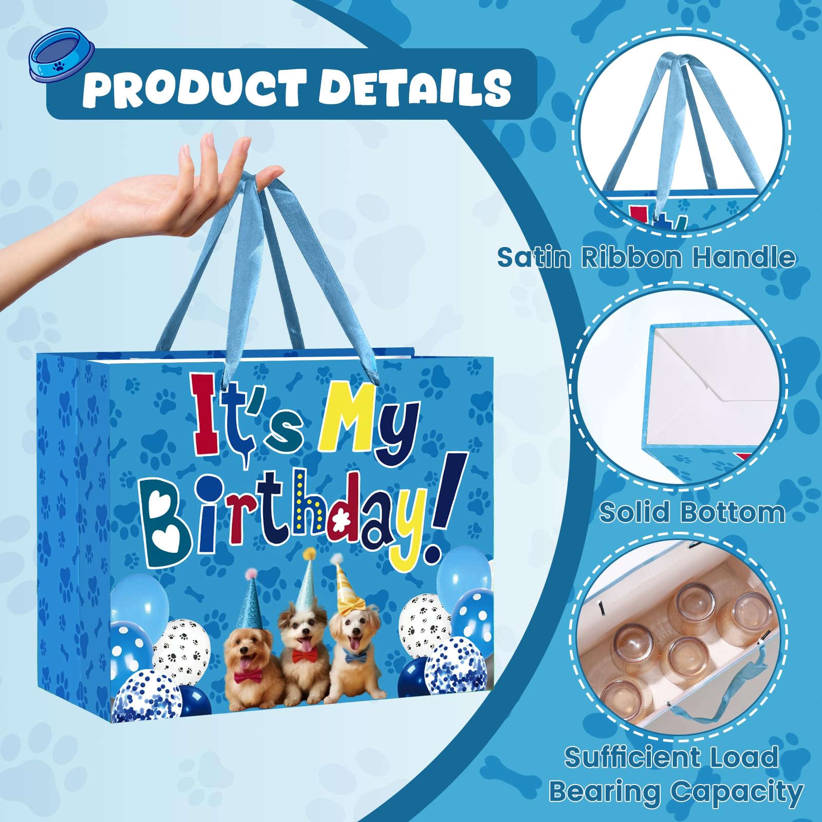 Dog Birthday Gift Bag for Dog Birthday Party Supplies, Large Dog Birthday Wrapping Bag with Tissue Paper and Greeting Card Dog Paw Print Gift Bags for Puppy Theme Party Dog Paw Birthday Decorations