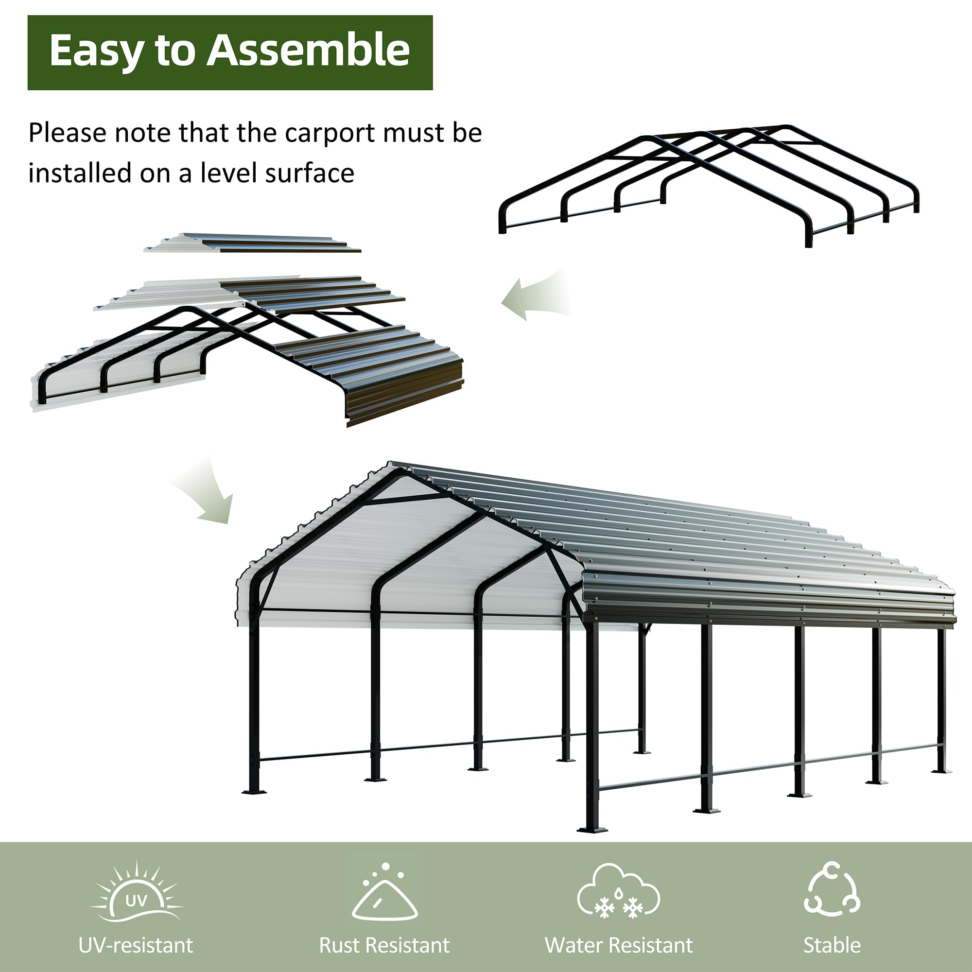 JAMFLY Carport 12X20 FT Heavy Duty Carport Car Canopy with Galvanized Steel Roof, Metal Carport with Enhanced Base, Upgraded Extra Large Garage for Cars, Tractors, Trucks, Boats