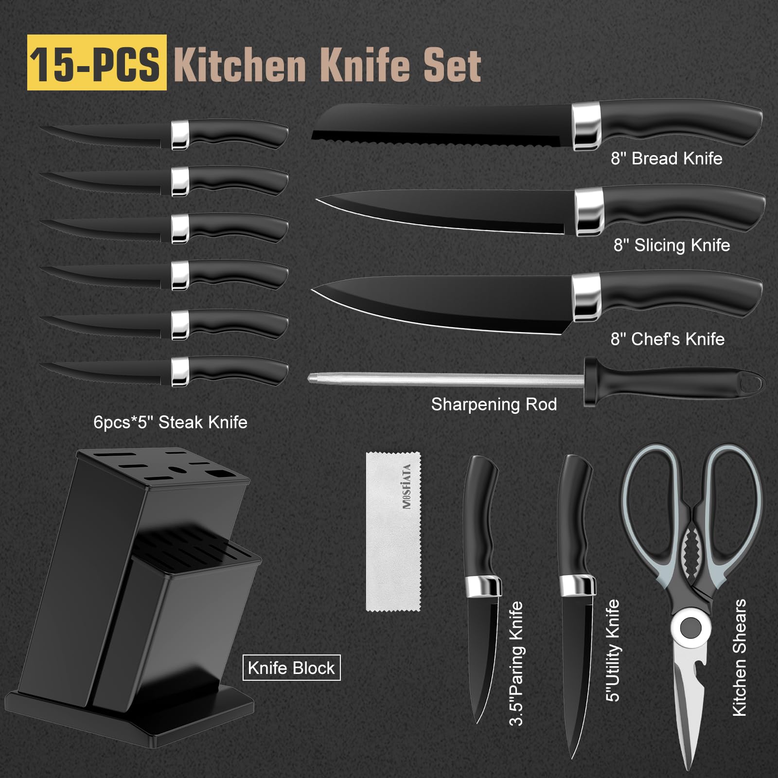 Meleho 15 Piece Kitchen Knife Set, Kitchen Knives Set, ABS Handle Chef Knife Set, Multifunction Knife Block Set For Slicer, Cutting, Chopping,Perfect Holiday Gift (BLACK)