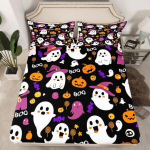 Feelyou Kids Cartoon Halloween Fitted Sheet Cute Ghost Pumpkin Sheets Set for Child Boys Girls Black Purple Queen Size Bedding Set Decoration Kawaii Bed Sheet Set Collection