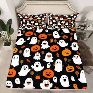 feelyou girls pumpkin lantern twin size bedding set decoration ghost spider bed sheets for kids boys kawaii halloween fitted sheet black cute sheets set,no top sheet