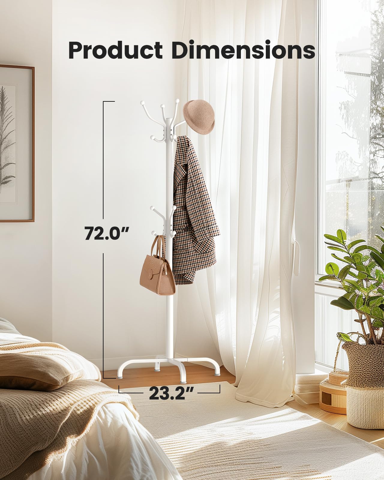 Pipishell Coat Rack with 14 Hooks, Freestanding Coat Rack Stand for Entryway, Hallway, Bedroom, and Office, Metal Coat Tree & Hat Rack for Coats, Hats, and Bags, White