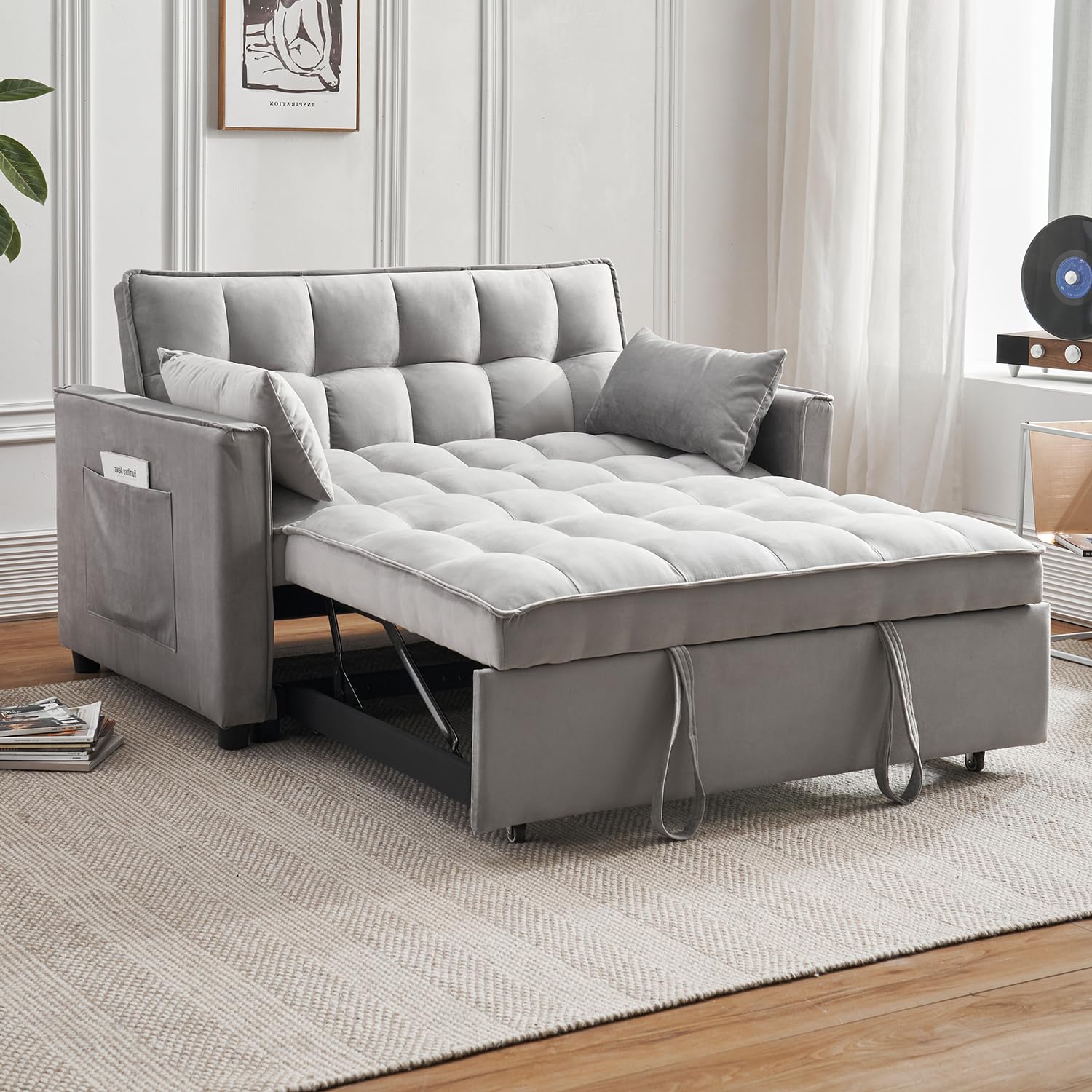 FENFSHE Futon Sofa Bed, Modern Velvet 3 in 1 Convertible Sleeper Sofa Couch Bed, Pullout Couch Bed with Adjustable Backrest, Storage Pockets and Toss Pillows for Living Room, Bedroom (Grey)