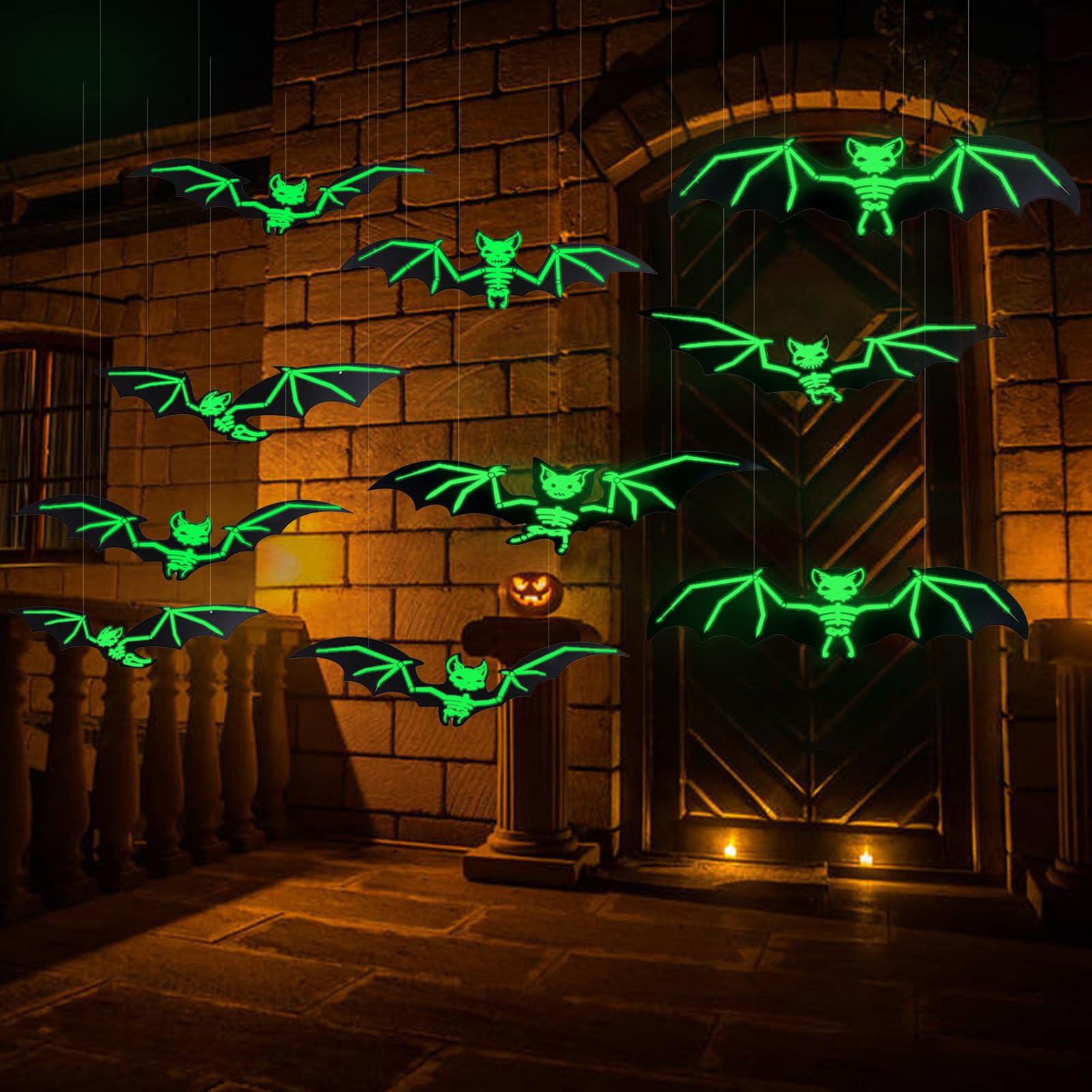 DIYASY Haning Bats Halloween Decor, 12 Pcs Large Glow Bats Wall Decorations for Outside 3D Plastic Flying Bat Light up Bats House Decorative Decals for Home Outdoor Window