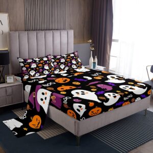 feelyou kids cartoon halloween fitted sheet cute ghost pumpkin sheets set for child boys girls black purple queen size bedding set decoration kawaii bed sheet set collection