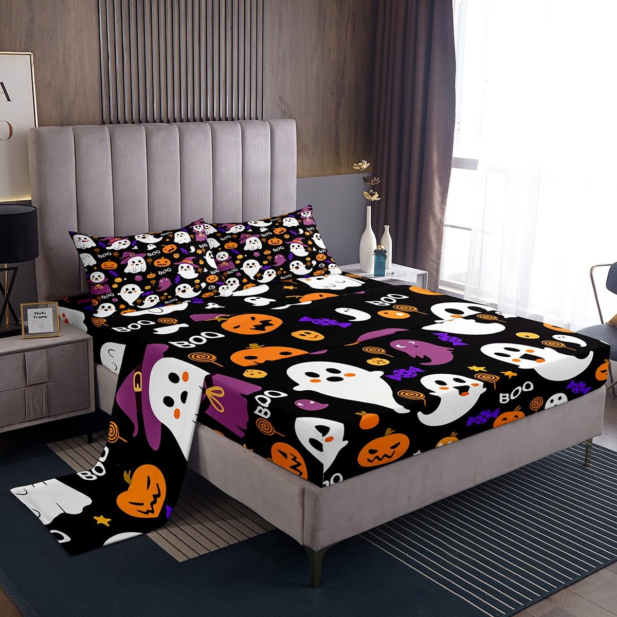 Feelyou Kids Cartoon Halloween Fitted Sheet Cute Ghost Pumpkin Sheets Set for Child Boys Girls Black Purple Queen Size Bedding Set Decoration Kawaii Bed Sheet Set Collection