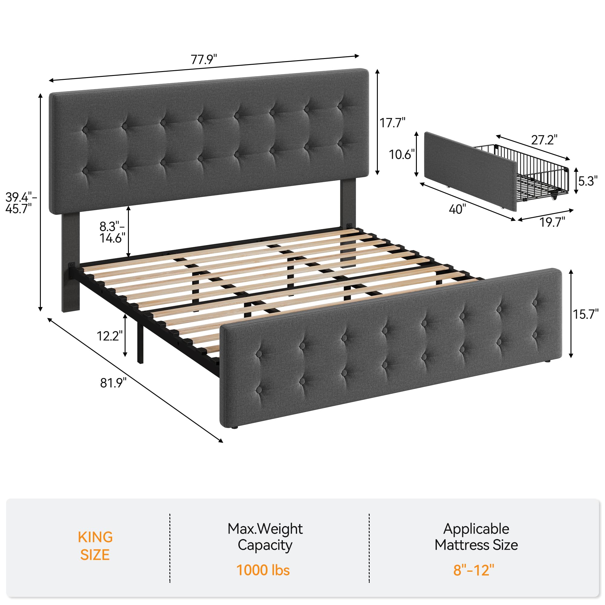 GAOMON King Size Bed Frame with 4 Storage Drawers and Headboard, Linen Upholstered Platform Bed Frame with Wooden Slats Support, Button Tufted Design, No Box Spring Needed, Dark Grey