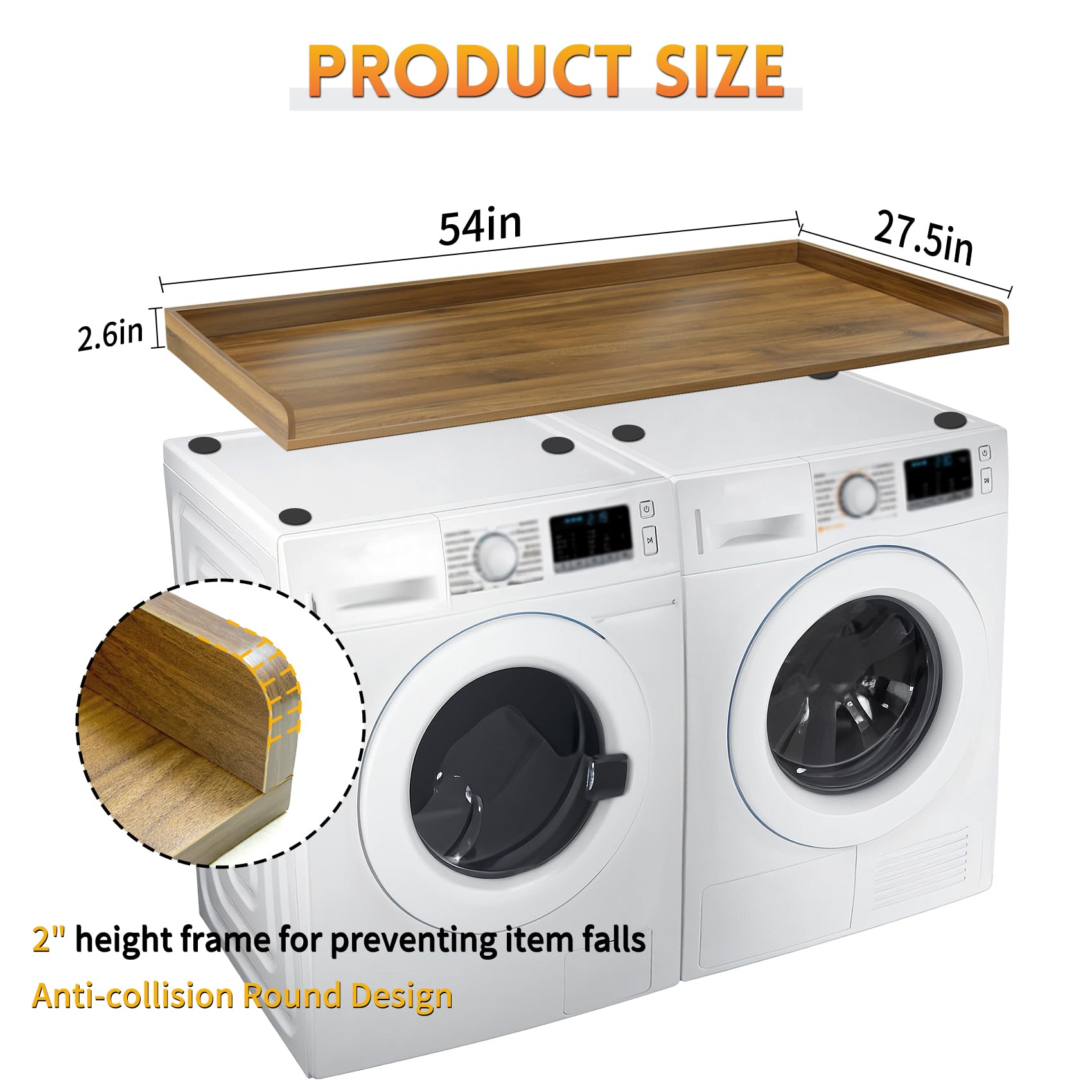 Washer Dryer Countertop, Laundry Countertop, Laundry Cover for Washer and Dryer Wood, with Edge Rails 27.5" x 54", Release Your Laundry Room, Table Top for Washer and Dryer - Walnut (Retro Brown)