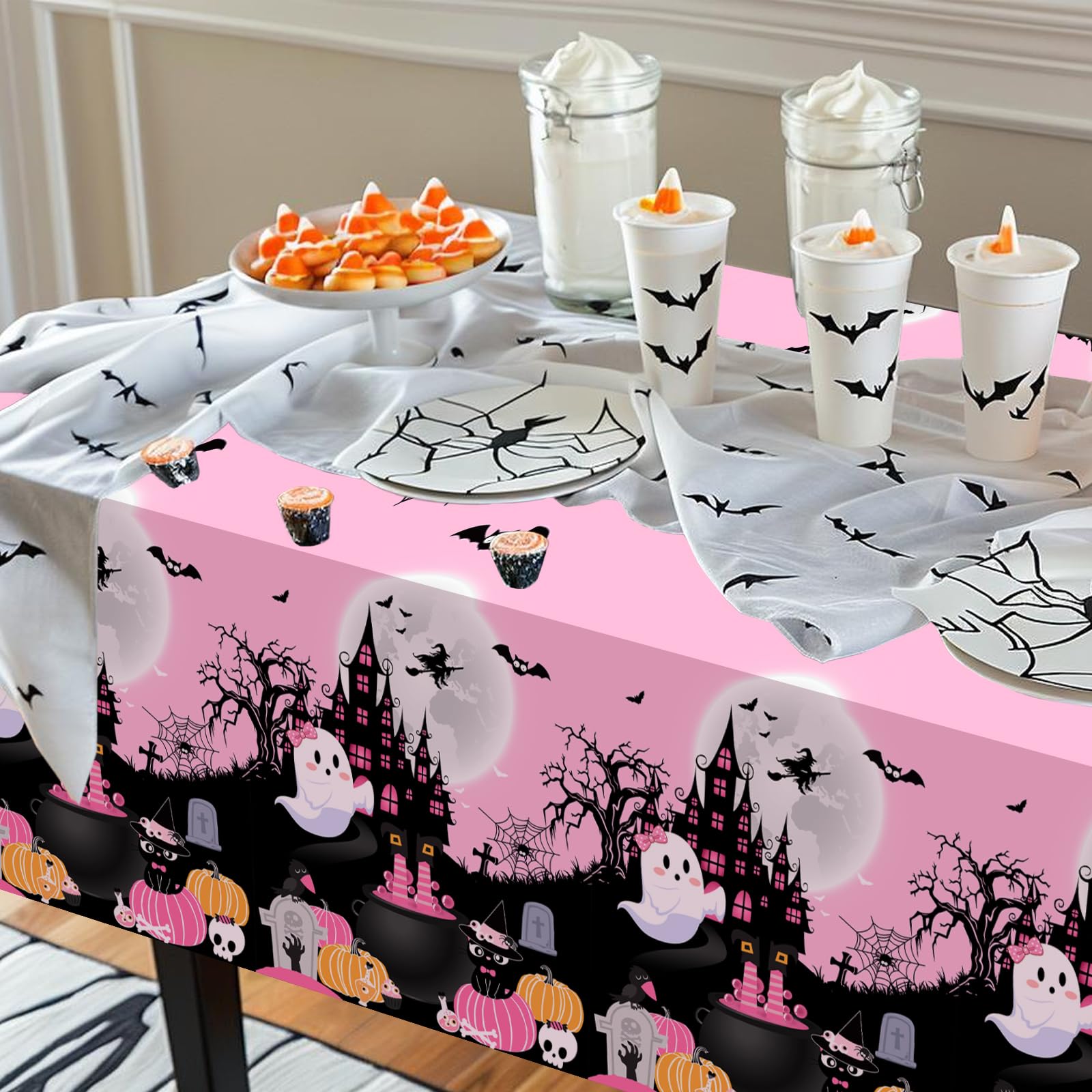 Avezano 3 pcs Halloween Tablecloth Halloween Party Tablecloth Happy Boo Day Halloween Tablecover Girl Boo Baby Shower Halloween Tablecloth Plastic Pink Halloween Decorations 108x54 Inch