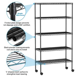 5 Tier Heavy Duty Wire Shelving Storage Rack Unit, Adjustable Commercial Storage Racks with Wheels Wire Shelving Standing Garage Shelving Storage Rack, NSF Certified, 30" D×14" W×60" H (Black)