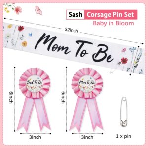 Wildflower Mom to Be Sash Baby Shower Decorations, Baby in Bloom Floral Mommy to Be Sash Dad Corsage Pin Set for Pregnant Mommy Dress Gift