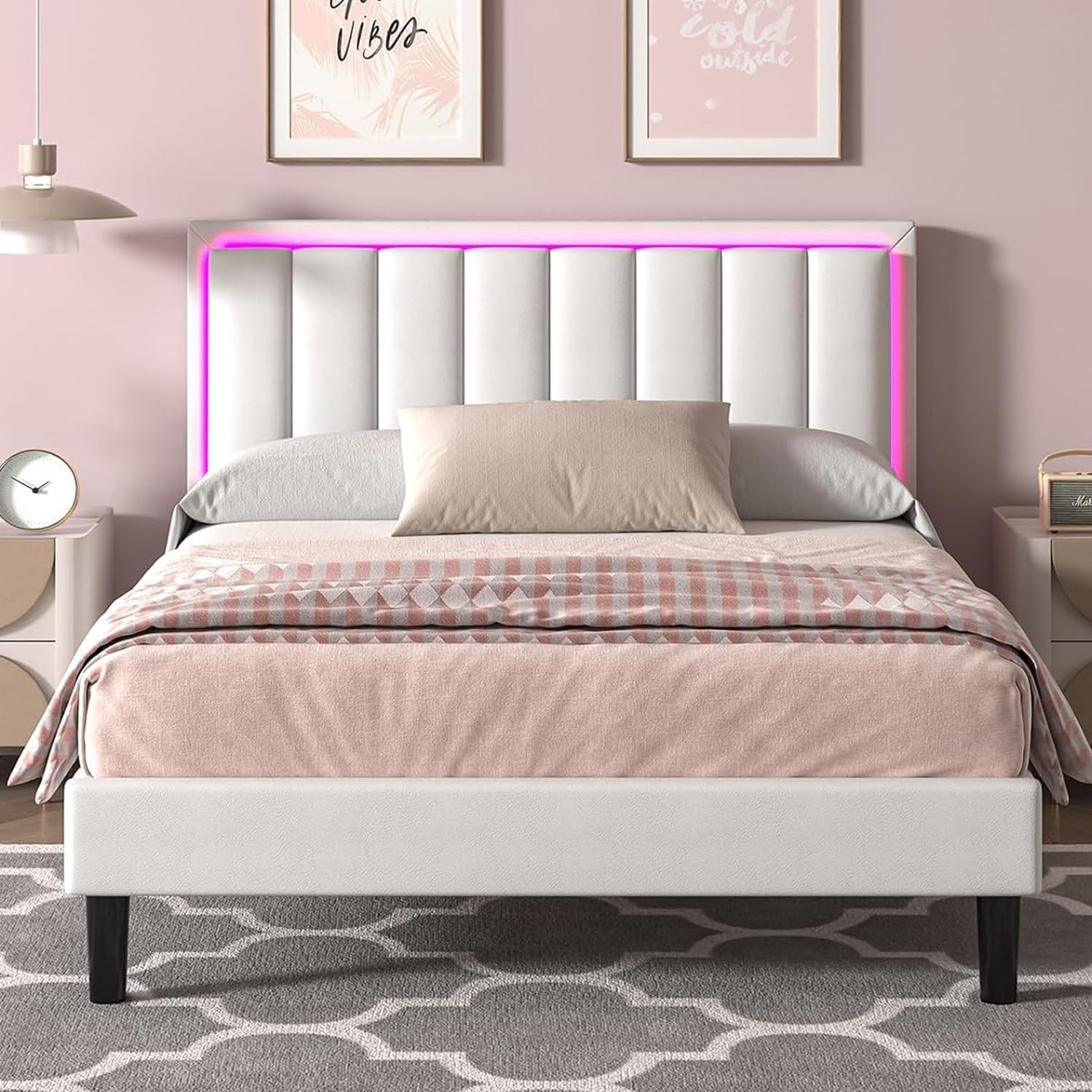 IMMERSTABLE Full Size Bed Frame with Smart LED Headboard, Upholstered Bed Frame Full with Double Headboard, Heavy Duty Wood Slats Support, Noise-Free, No Box Spring Needed, Easy Assemble, White