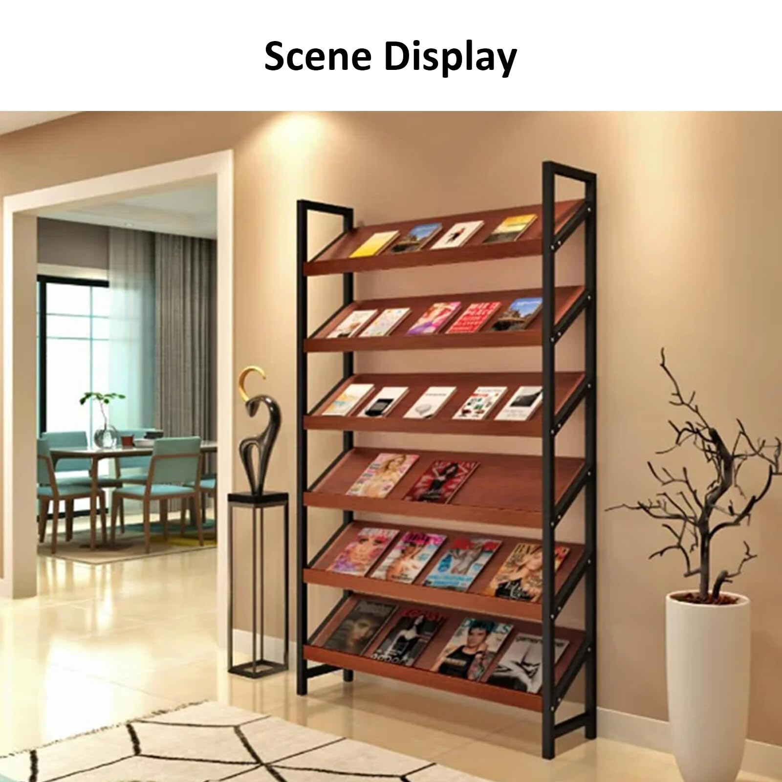 Nuipesn Wooden Storage Bookshelf, Newspaper Magazine Holders Rack Floor-Standing,6 Tier Bookshelf - Modern Book Shelf Display for Home Office (Teak+Black,47.24" L)