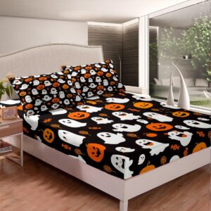 Feelyou Girls Pumpkin Lantern Twin Size Bedding Set Decoration Ghost Spider Bed Sheets for Kids Boys Kawaii Halloween Fitted Sheet Black Cute Sheets Set,No Top Sheet