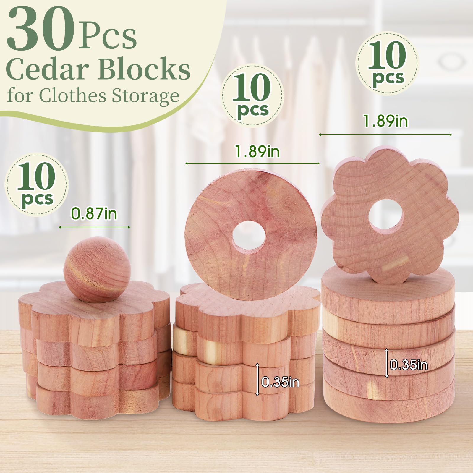 30 Pack Cedar Blocks for Clothes Storage, Cedar Planks with 20 Pcs Cedar Rings 10 Pcs Cedar Balls Cedar Blocks for Closet Drawer Shoe Cabinet Storage Bags