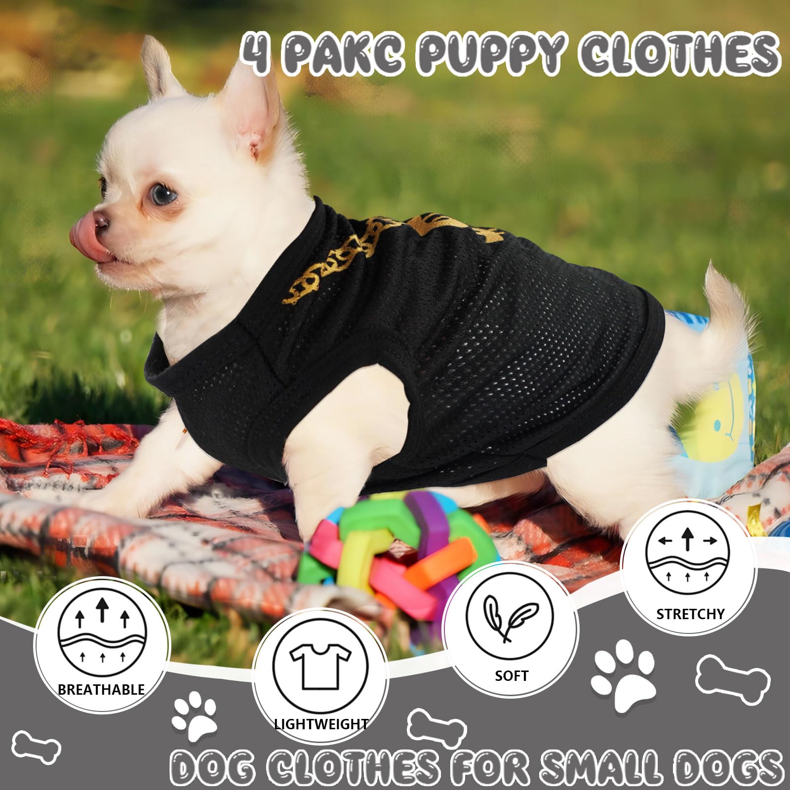 4 Pack Dog Clothes for Small Dogs Black Security Dog Shirt Soft Chihuahua Clothes Cute Male Dog Clothes Pet Clothing for Small Dog Boy Teacup Dog XXS