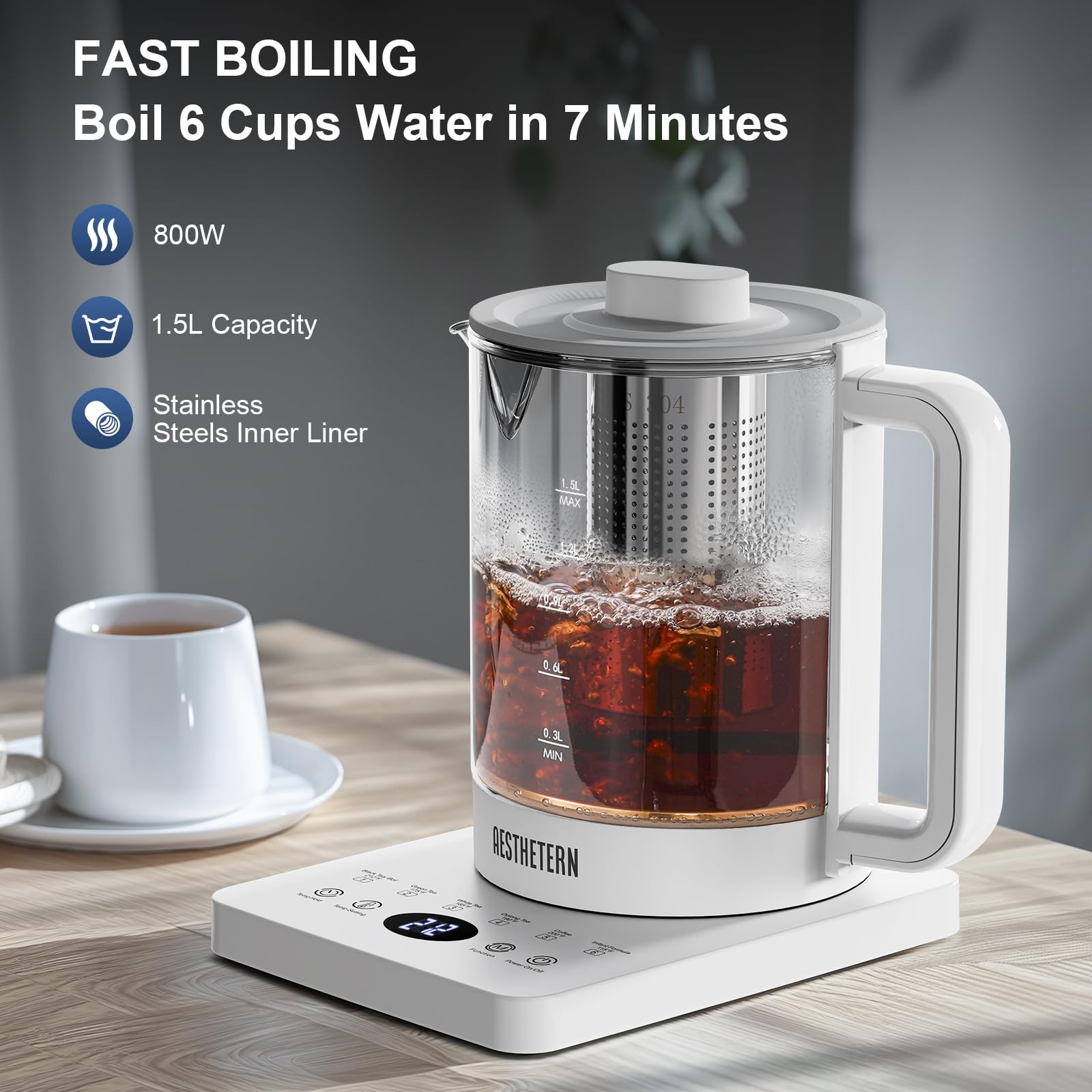 Electric Tea Kettle, 1.5 L Glass Electric Kettle with Tea Infuser, Temperature Control, Electric Tea Pot, Tea Maker, Automatic Shut Off, 24 H Keep Warm, for Tea, Coffee and Boiling Water, White