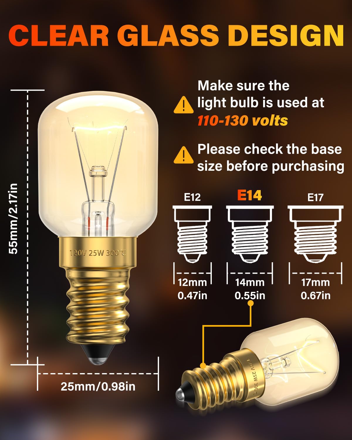 TobeBright 25 Watt Oven Light Bulbs Replacement 120V - E14 T25 Appliance Small Screw Light Bulb Warm White,Heat Resistant Bulb 300℃,Clear Glass,Dimmable for Microwave,Refrigerator,Oven,Salt Lamp