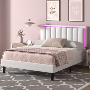 immerstable full size bed frame with smart led headboard, upholstered bed frame full with double headboard, heavy duty wood slats support, noise-free, no box spring needed, easy assemble, white