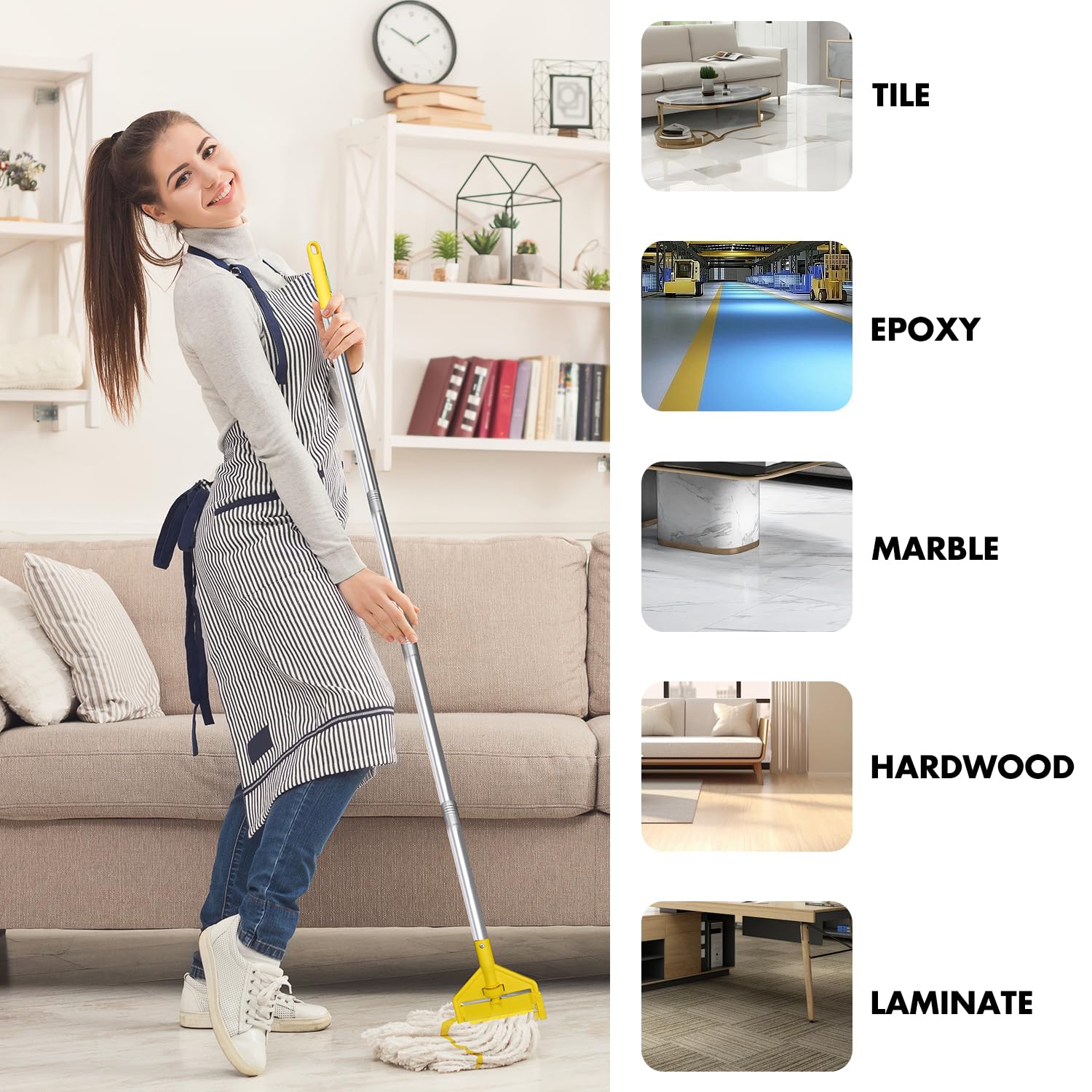 KULED Heavy Duty Industrial Mop, Commercial Mop with Long Handle, Cotton Mop with 2 Mop Heads, Looped-End String Wet Mops for Floor Cleaning, Workshop, Warehouse, Home and Garage