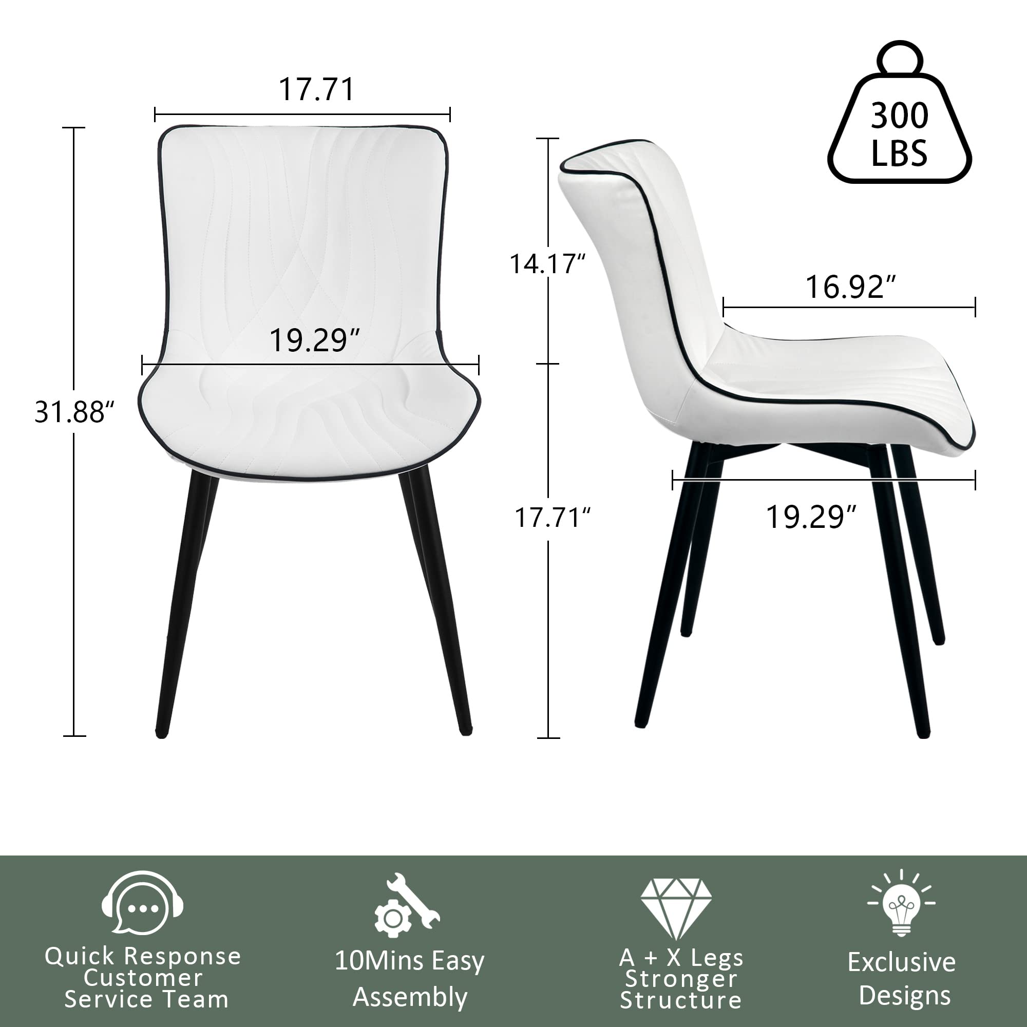 YOUTASTE White Dining Chairs Set of 2 Upholstered Mid Century Modern Kitchen Dining Room Chairs Armless Faux Leather Accent Chairs Metal Vanity Lounge Chair with Back for Living Room Bedrooms