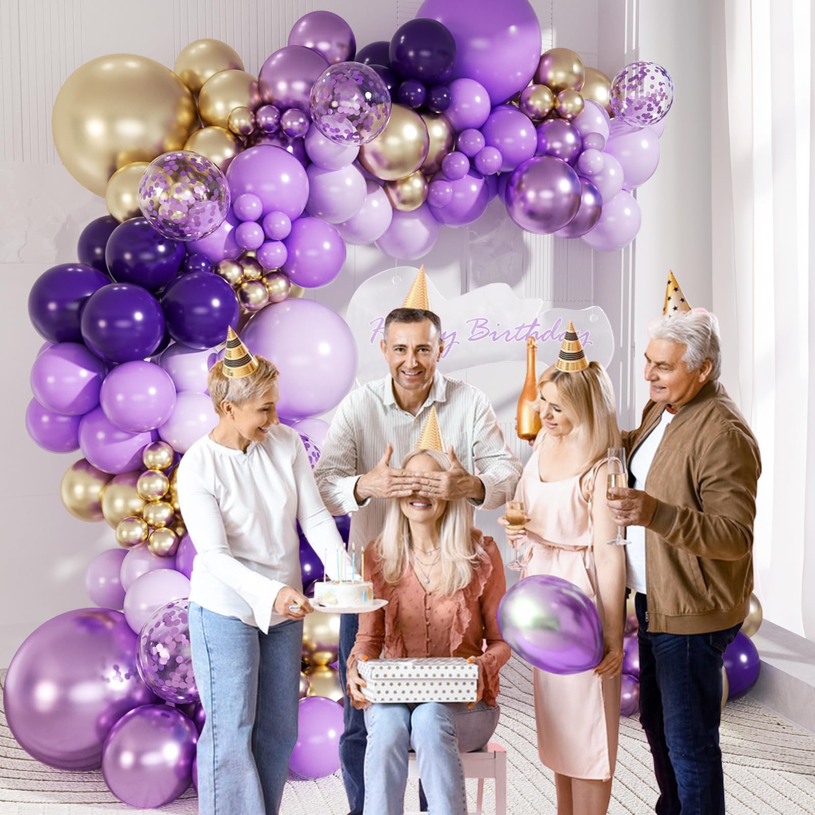 147pcs Purple and Gold Balloon Arch Kit, Purple and Gold Party Decorations with Purple Light Purple Dark Purple Metallic Purple Balloons for Birthday Wedding Baby Shower Party Decoration Women