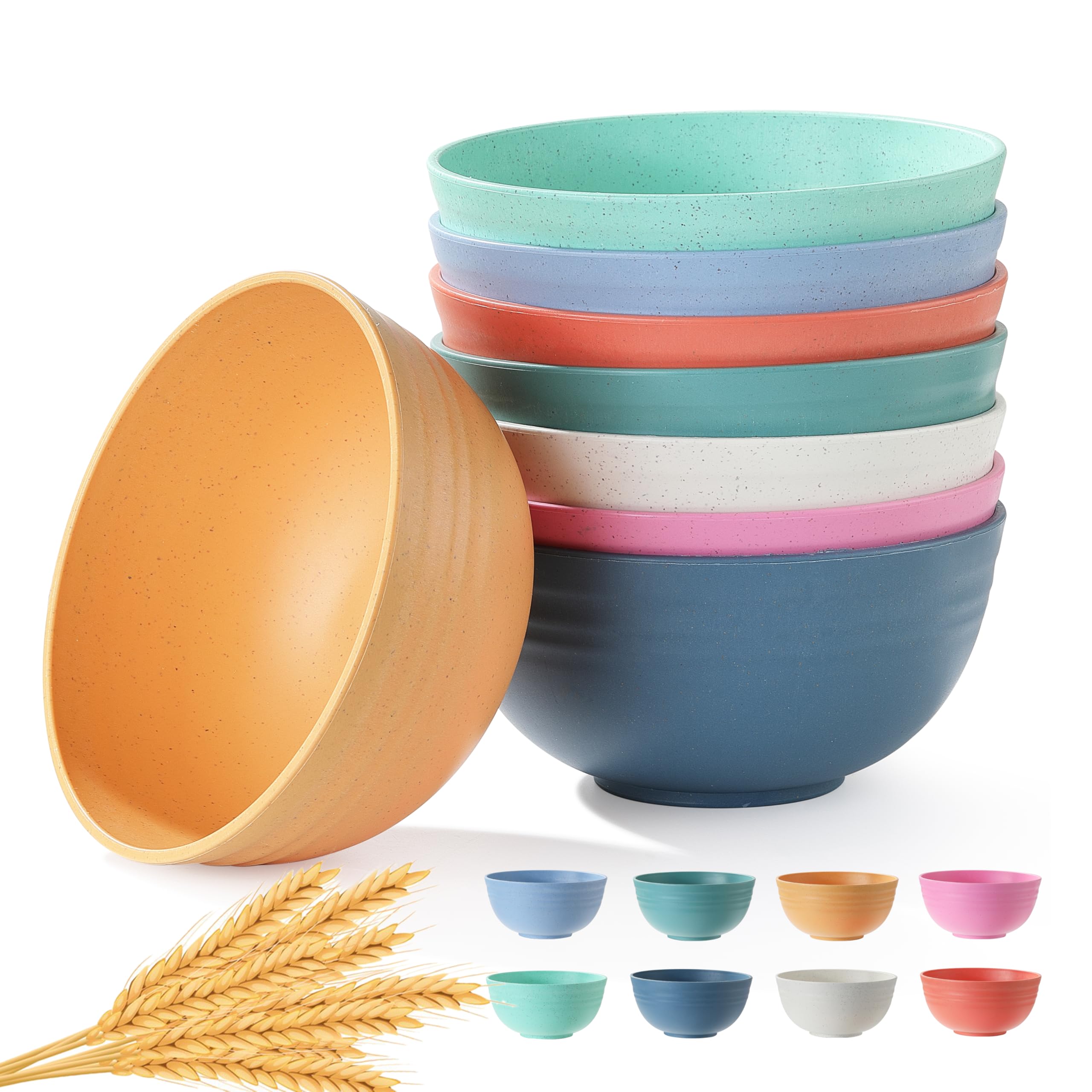 8PCS Cereal Bowl, Ohola Unbreakable Wheat Straw Cereal Bowls, Microwave & Dishwasher Safe Kitchen Bowls for Cereal, Snack, Soup, Salad and Rice, MultiColors, BPA Free, 26oz (Ser of 8)