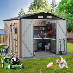 jolydale 5.6’x8’ outdoor storage shed, metal shed for bike, tool storage shed, outside lawn mower storage sheds & outdoor storage with lockable door for pstio, backyard, garden (brown)