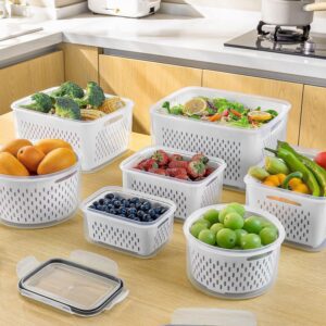 4 PCS Large Fruit storage Containers for Fridge with Removable Colanders, Leakproof Food Storage Containers with lids, Dishwasher & microwave safe Produce Containers to Keep Fruits Berry Fresh longer