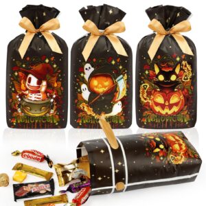 joindo 50 pcs halloween treat bags for candy, 6x9 drawstring candy bags for party favor, stand up halloween goodie bags (dark flame halloween series)