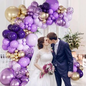 147pcs Purple and Gold Balloon Arch Kit, Purple and Gold Party Decorations with Purple Light Purple Dark Purple Metallic Purple Balloons for Birthday Wedding Baby Shower Party Decoration Women