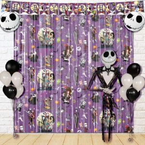 christmas nightmare birthday party decorations, halloween theme tinsel foil fringe curtains,nightmare photo booth prop backdrop, happy birthday banner,halloween birthday party decorations