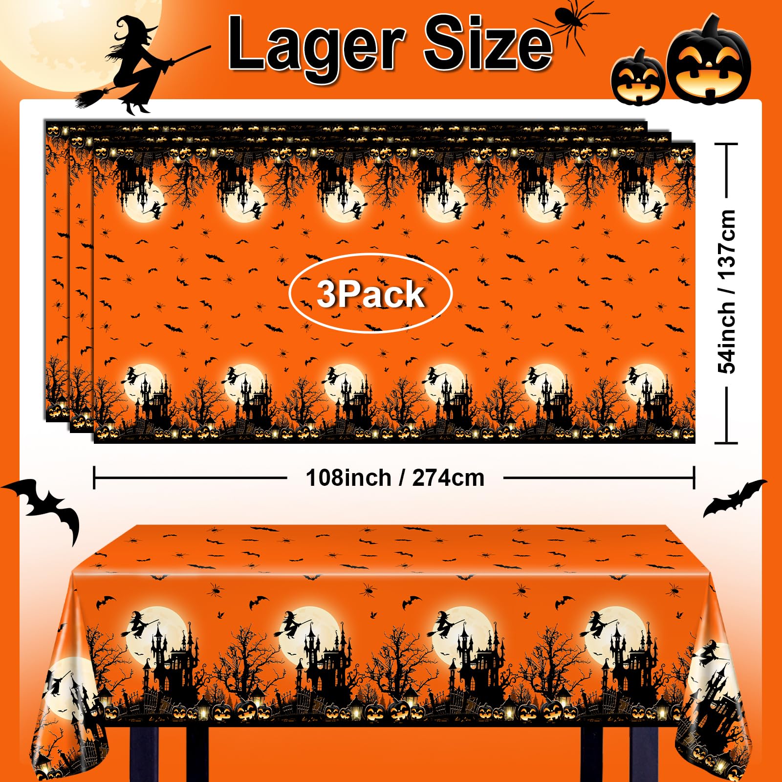 Avezano 3 pcs Halloween Tablecloths Halloween Table Cloth Rectangle Full Moon Scary Night Castle Halloween Party Table Cover 108x54 Inch (Orange)