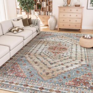 beeiva boho living room rugs 8x10, soft non slip washable rugs for bedroom, ultra thin vintage printed area rug, large rug for dining room table, office, guest room, orange/brick red