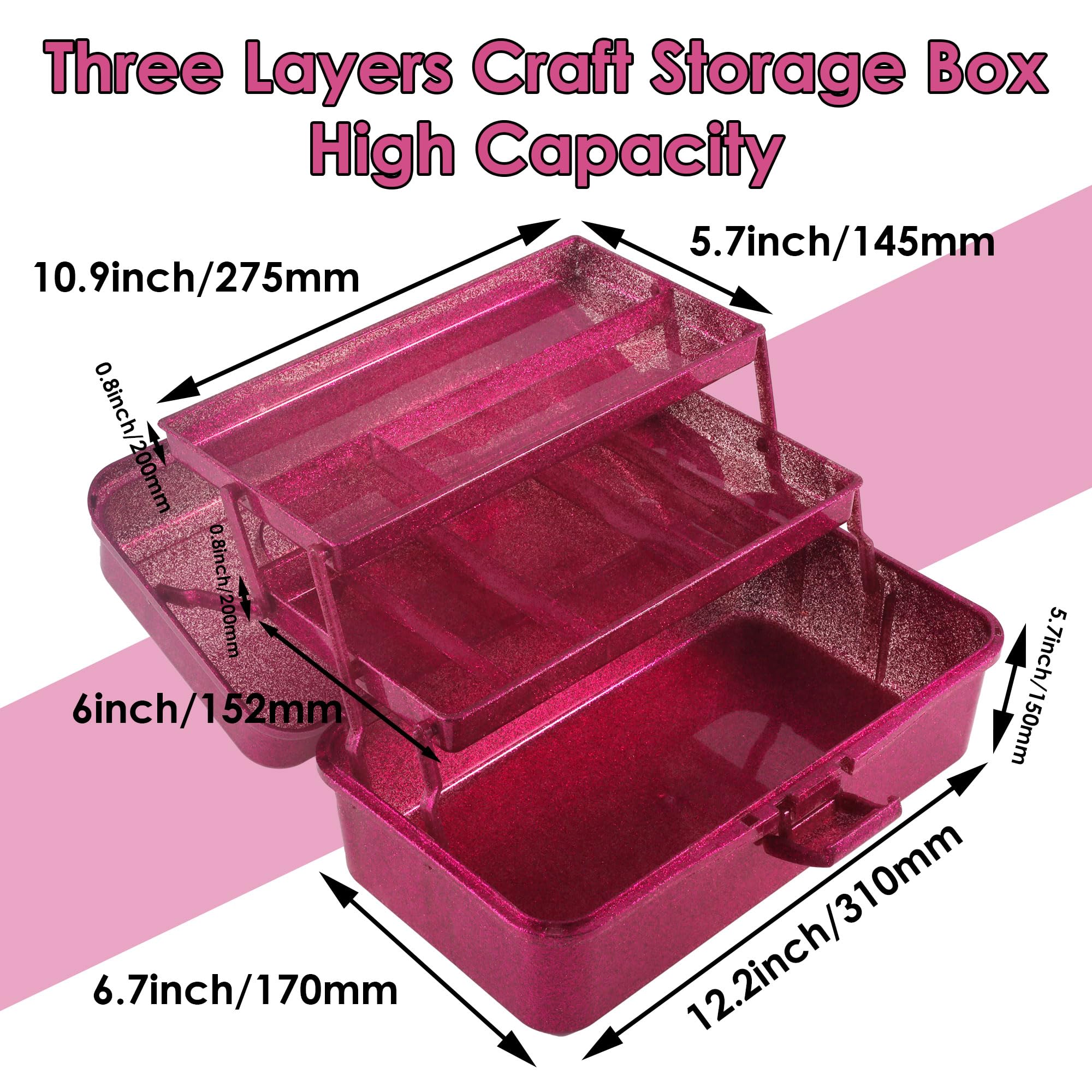 Glitter Pink Three-Layer Multipurpose Art&Craft Tool Storage Box,Carry Tackle Box Sewing Box Organizer,Medicine box,Cosmetic box,art supply box