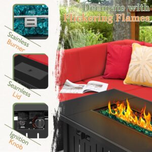 Greesum Patio Furniture Sets 13-Pieces Outdoor PE Rattan Sectional Sofa w/43in Gas Fire Pit Table 55000 BTU Add Warmth to Gatherings Parties On Deck Garden Backyard, Red