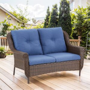 bellefurn patio wicker sofa brown rattan loveseat outdoor couch with chrysanthemum armest & water resistant cushions sofa for garden balcony backyard poolside, blue cushions loveseat(1pc)