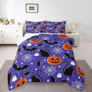 feelyou happy halloween full size bedding set decoration pumpkin lantern comforter set for kids boys girls spooky cat bat duvet set purple quilt set soft and lightweight