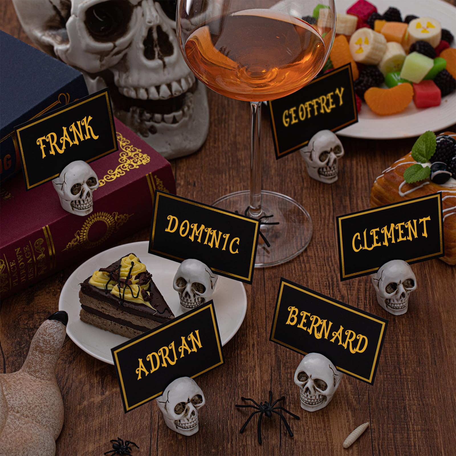 MotiMind 12 Pcs Halloween Skull Place Card Holders with 24 Pcs Place Cards Resin Small Skull Head Table Number Holders Clips Photo Stand Centerpieces for Halloween Party Wedding Birthday Decorations